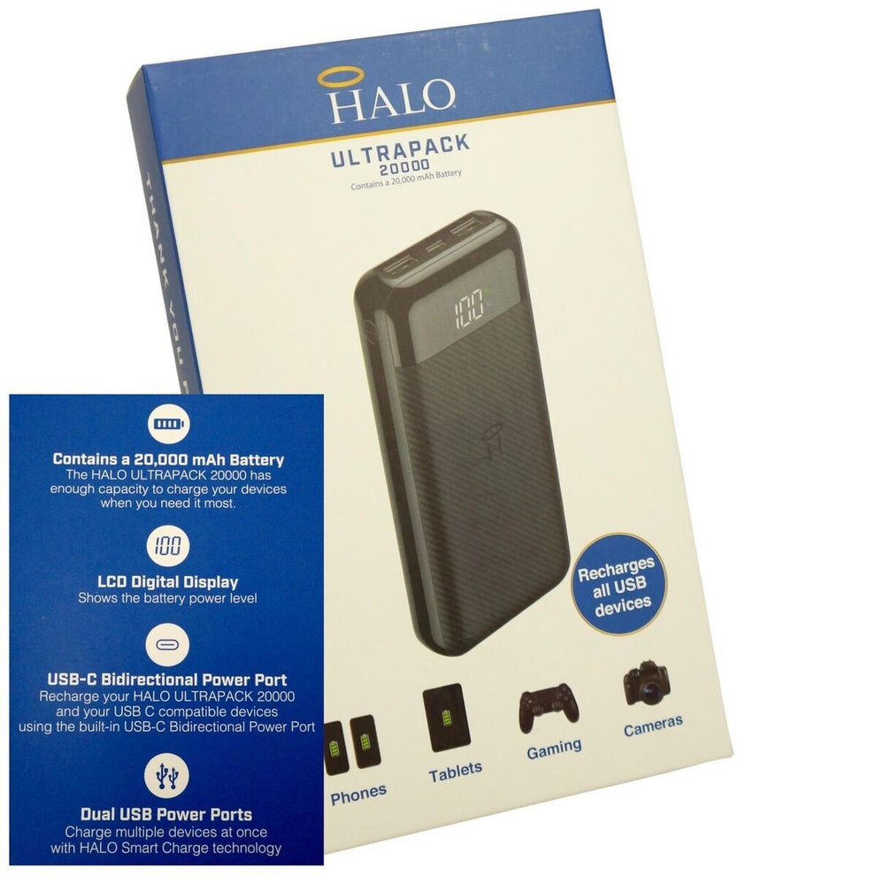 Halo Ultra pack 20,000 mAh, USB-C Power Bank-Black (HALOULTRAPACK 2000 ...